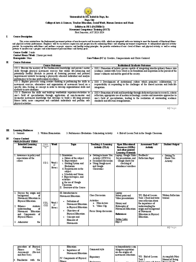 Syllabus in PE 1 (PATHFit 1) - Movement Competency Training or MCT ...