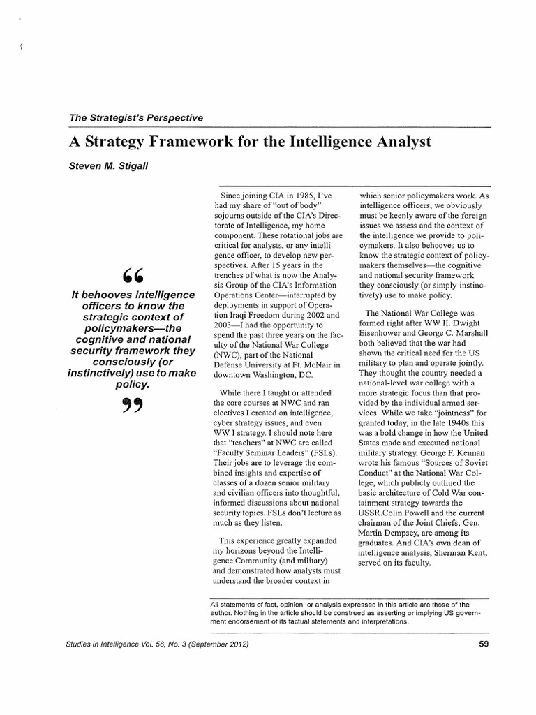 Stigall A Strategy Framework For The Intelligence Analyst | PDF