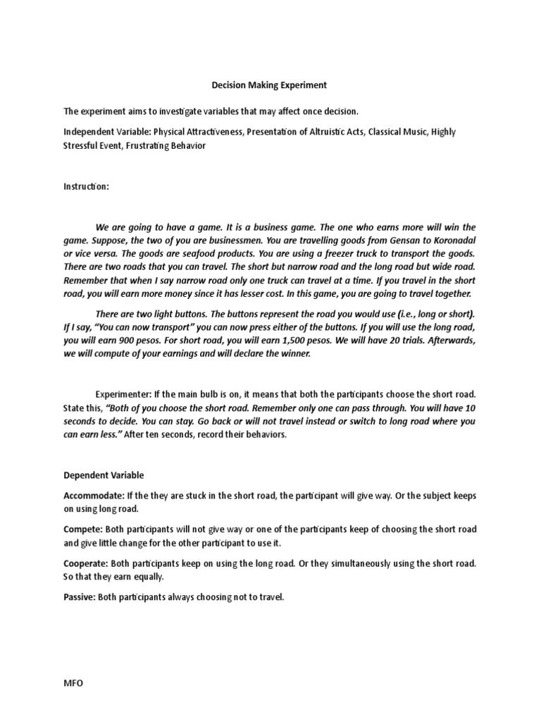 Decision Making Observational Sheet | PDF | Experiment | Psychology