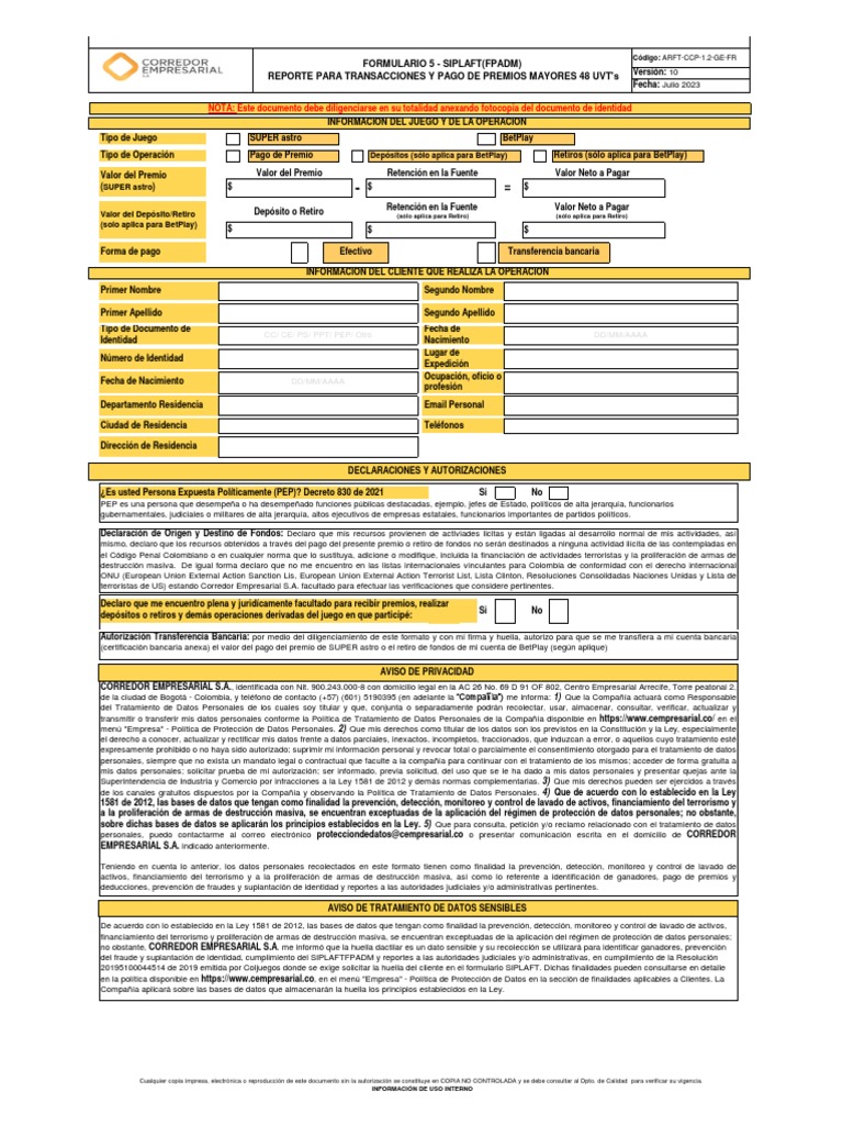 ARFT-CCP-1.2-GE-FR Formulario 5 SIPLAFT ASTRO | PDF | Bases de datos | Naciones Unidas