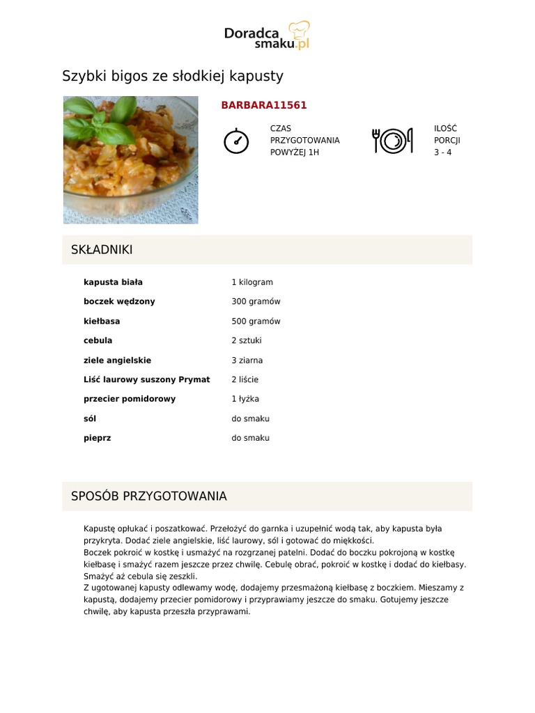 Pobierz Przepis PDF Szybki Bigos Ze Slodkiej Kapusty 346874 | PDF