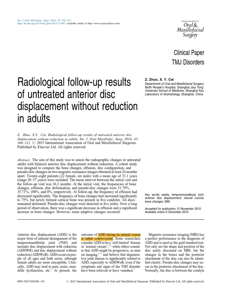 Radiological Follow-Up Results of Untreated Anterior Disc Displacement ...