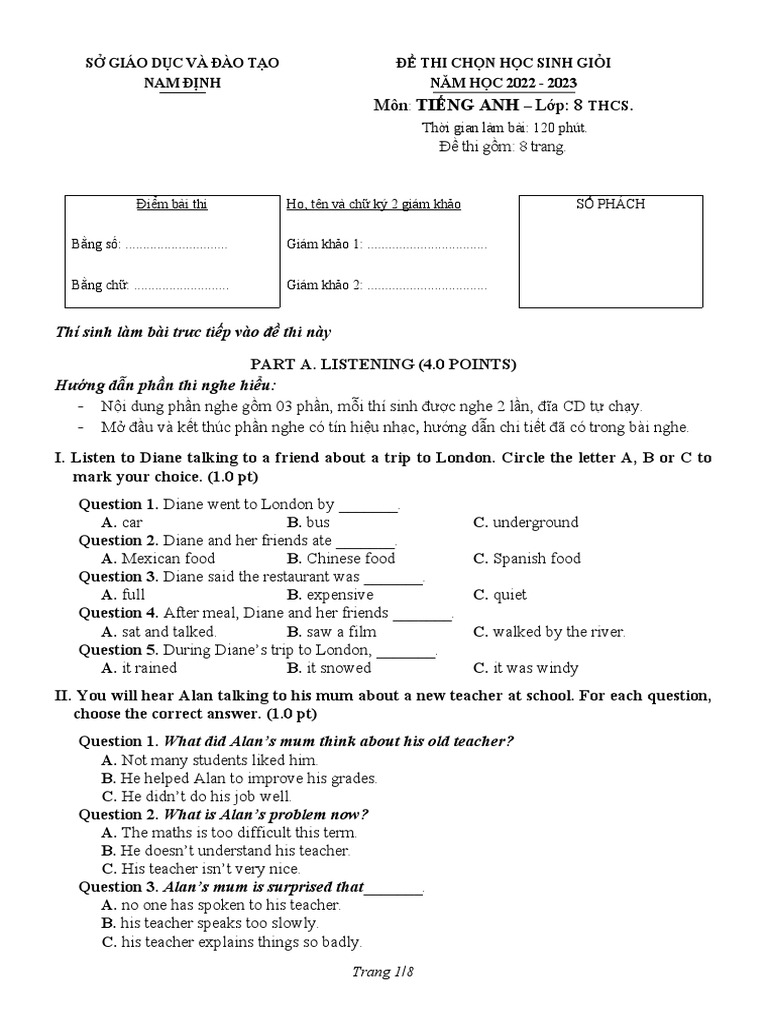 ĐỀ HSG ANH 8 2022-2023 NAM ĐỊNH | PDF | Language Arts & Discipline