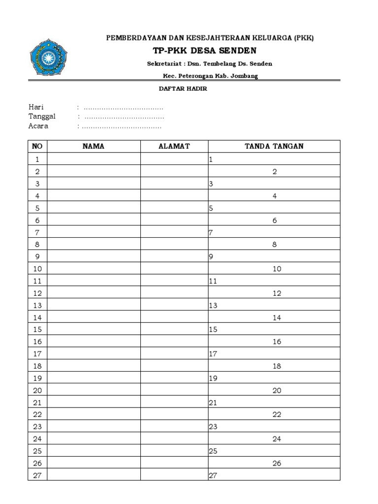 Daftar Hadir PKK 2020 | PDF