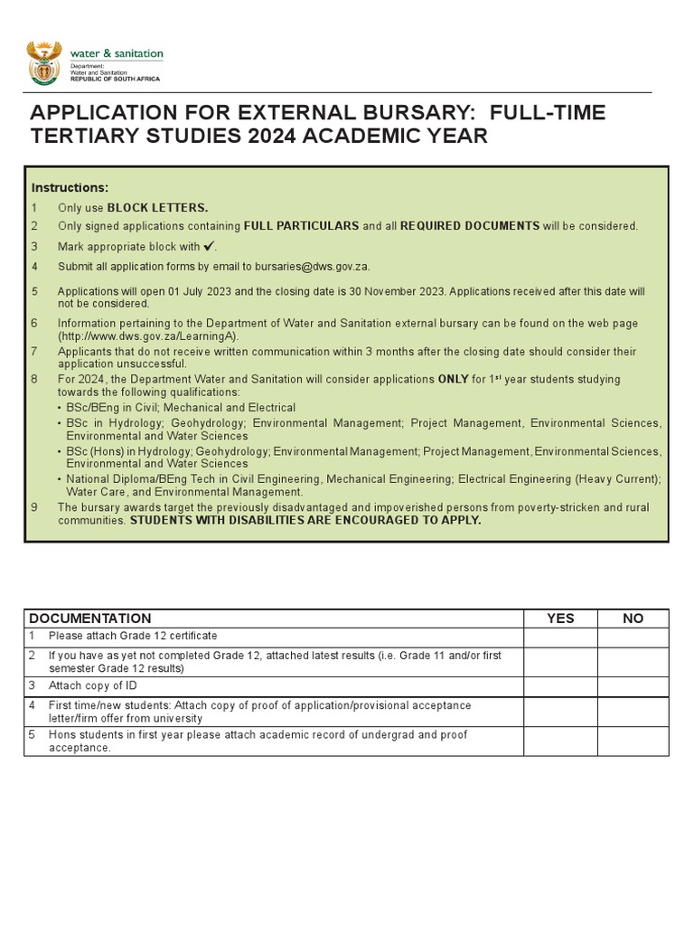 2024 DWS Internet Bursary Application-FILL in | PDF | Bachelor Of Science | Diploma