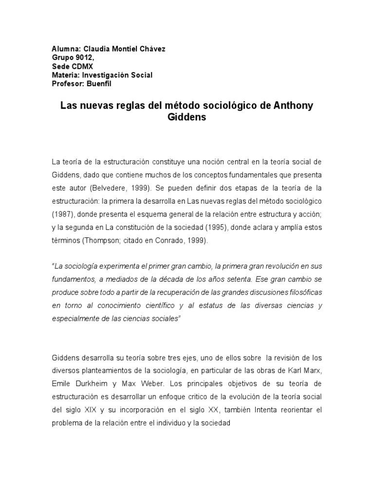 Las Nuevas Reglas Del Método Sociológico de Anthony Giddens | PDF