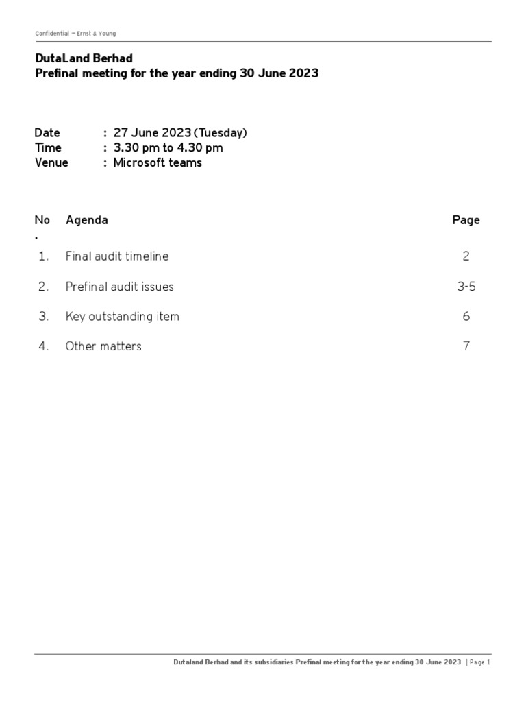 Dutaland - Prefinal Meeting Agenda 2023 Revised | PDF