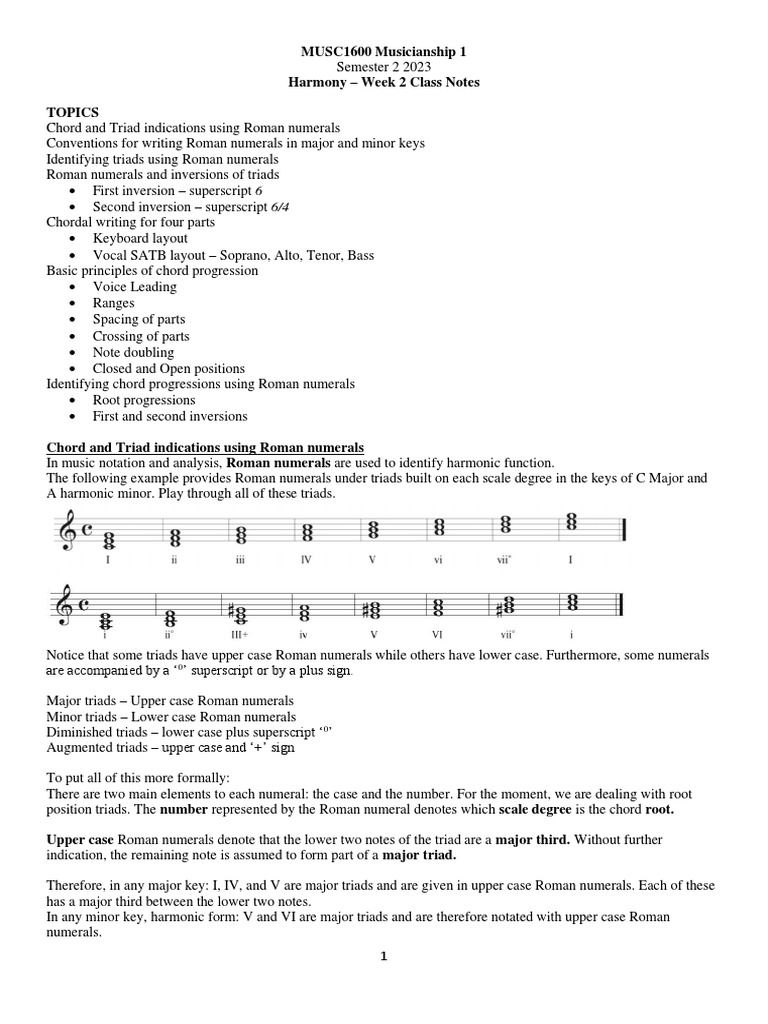 2023 MUSC1600 Harmony - Class Notes Week 2 | PDF