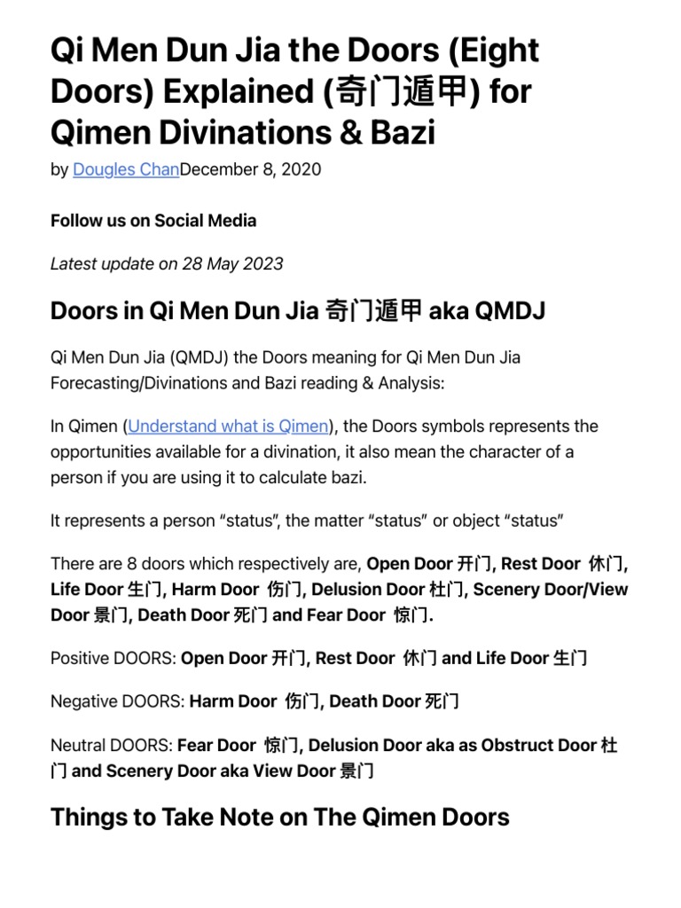 Qi Men Dun Jia the Doors (Eight Doors) Explained (奇门遁甲) for Qimen ...