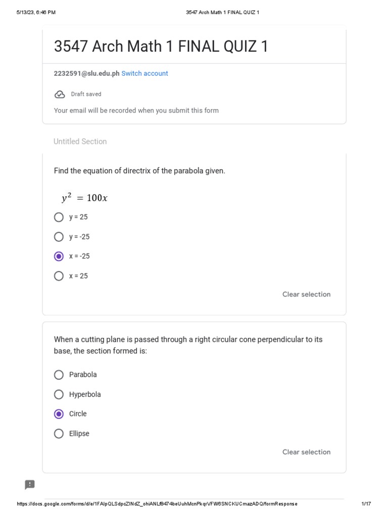 3547 Arch Math 1 Final Quiz 1 | PDF