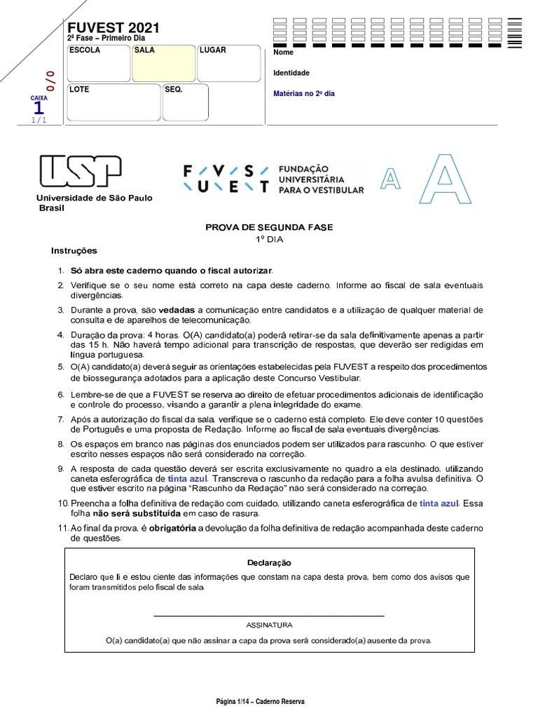 Fuvest2021 2fase 1dia Prova | PDF