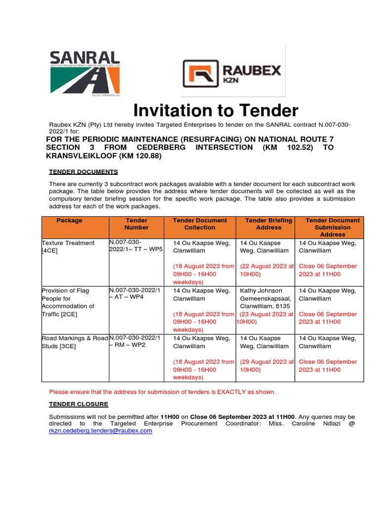 Raubex KZN Tender Invitation for Maintenance | PDF | Technology ...