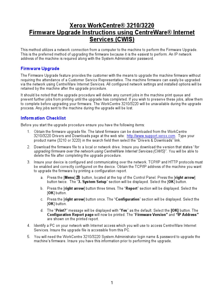 WorkCentre 3220 3210 Firmware Upgrade Instructions Using CentreWare IS ...