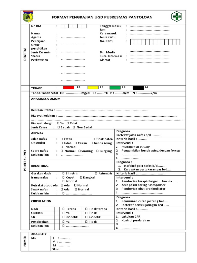 Format Pengkajian UGD Puskesmas Pantoloan | PDF