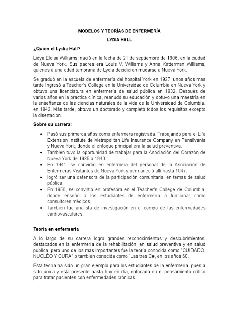 Modelos y Teorías de Enfermería - Lydia Hall | PDF | Enfermería | Medicina