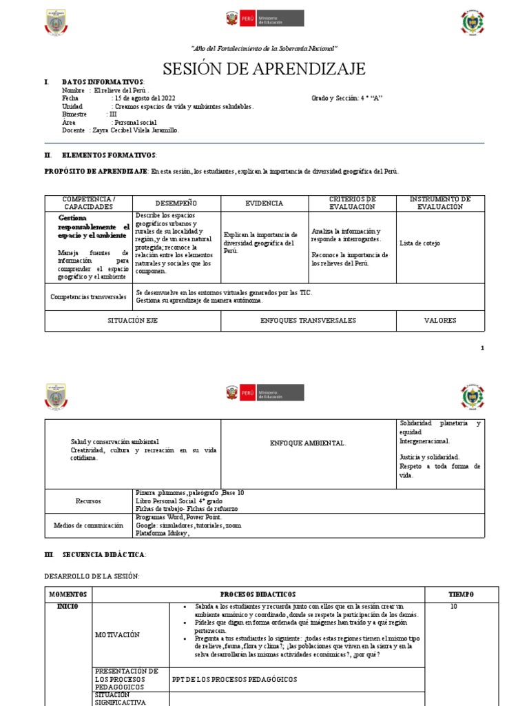 Sesión de Aprendizaje Las Regiones Del Peru | PDF | Perú | Andes