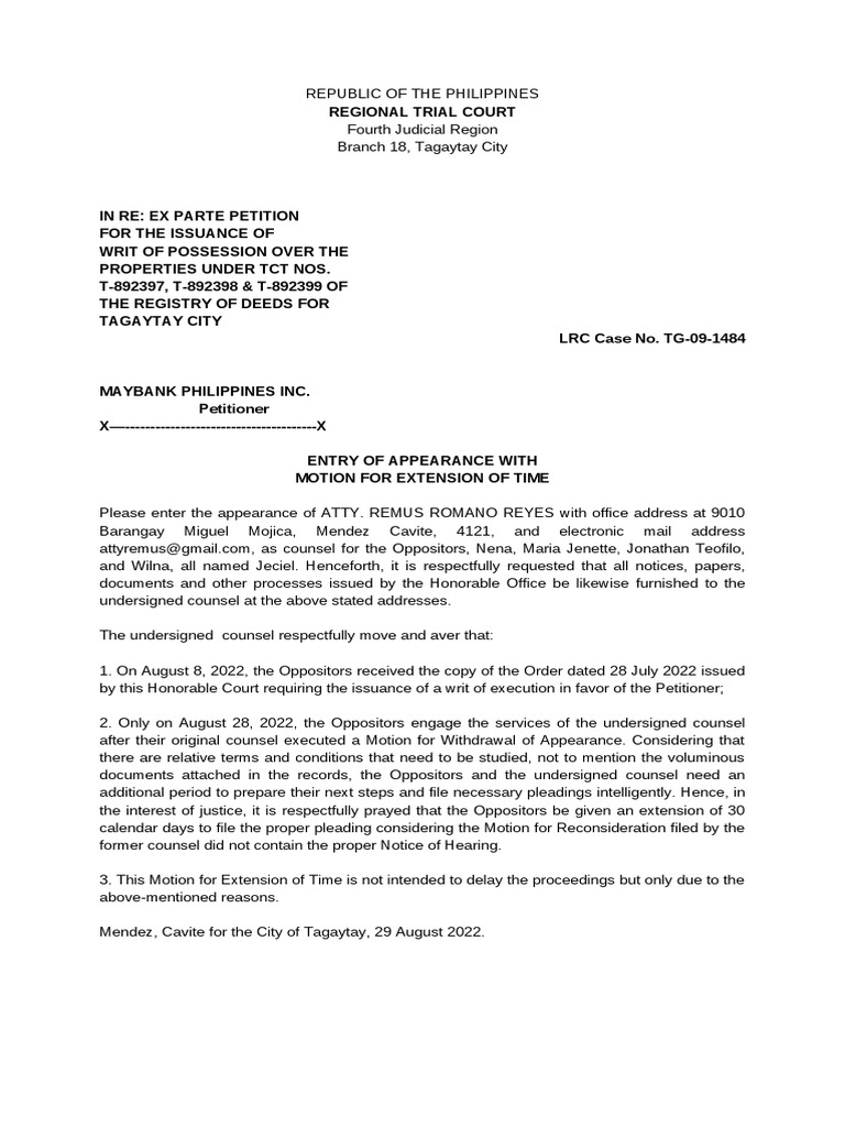 Jeciel - Entry of Appearance With Motion For Extension | PDF