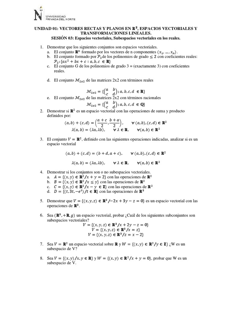 Semana 03 Hoja De Ejercicios Espacios Vectoriales Pdf Espacio