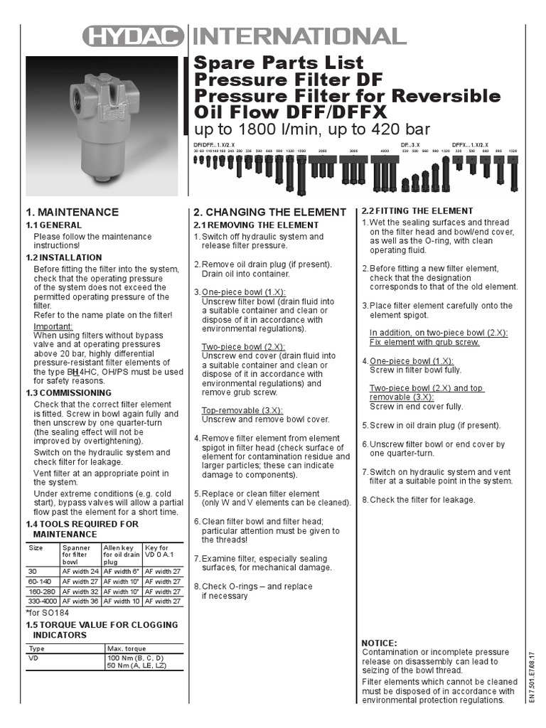 Spare Parts List Pressure Filter DF Pressure Filter For Reversible Oil ...