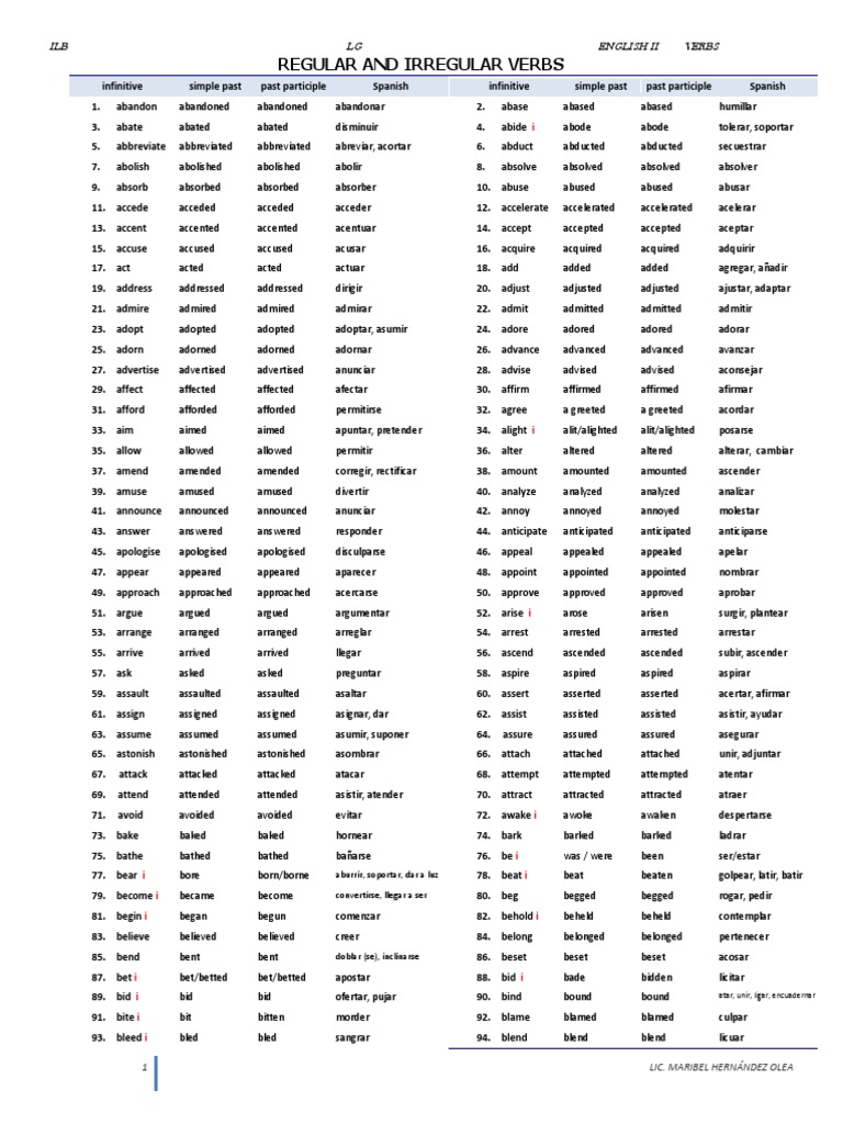 Regular and Irregular Verbs List | PDF