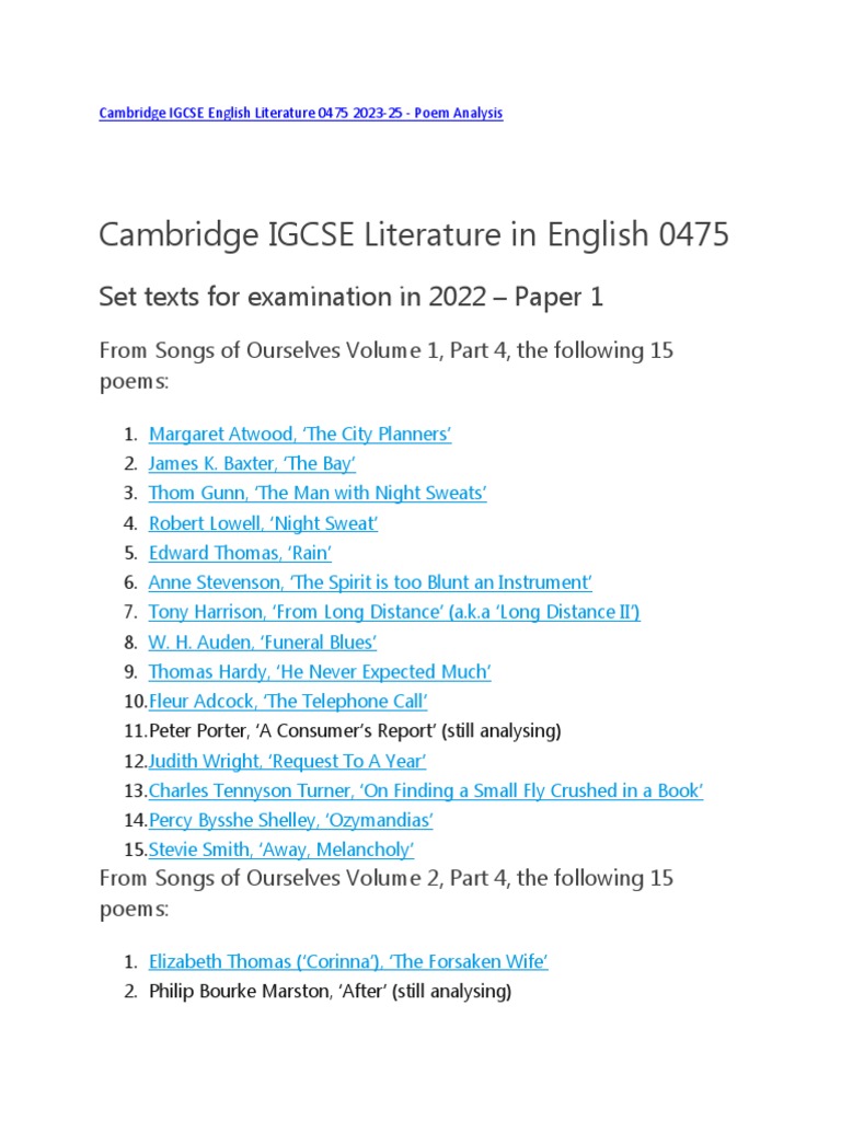 Cambridge IGCSE Literature in English 0475 - Songs of Ourselves ...