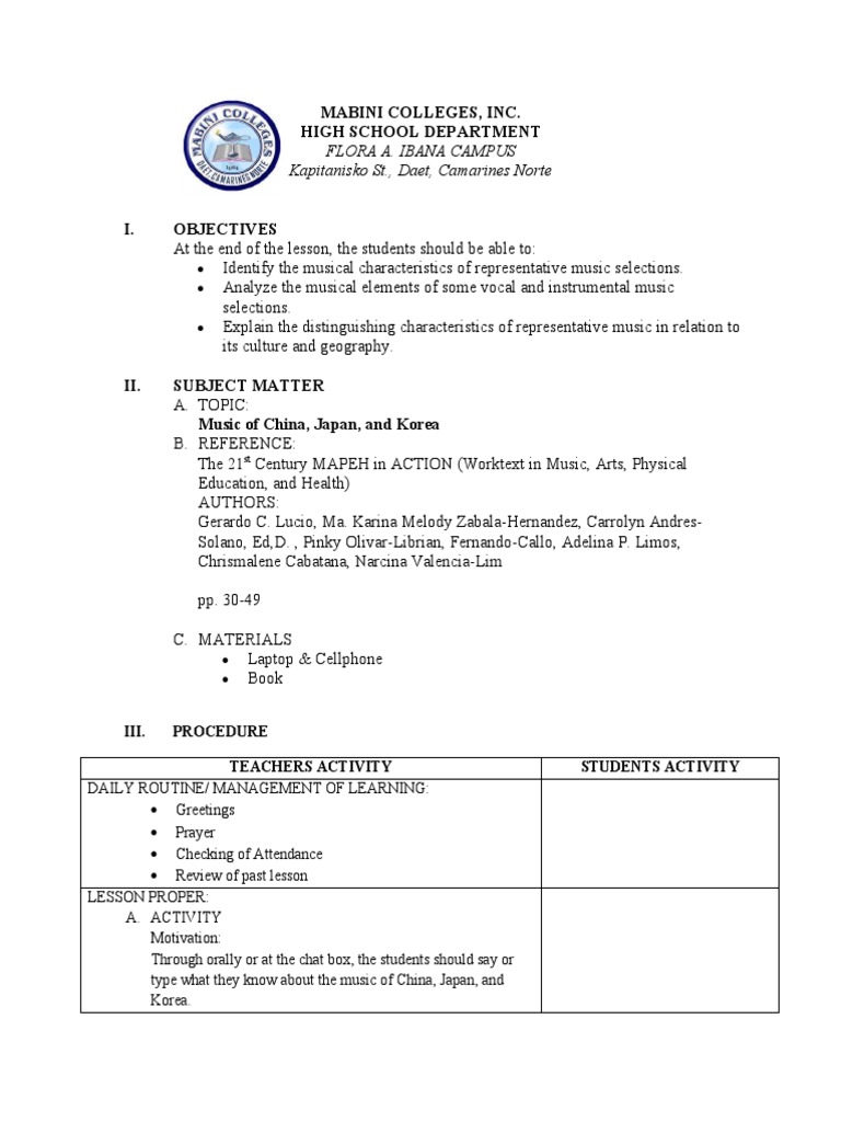 Lesson Plan in Music 8 | PDF | String Instruments | Musical Instruments