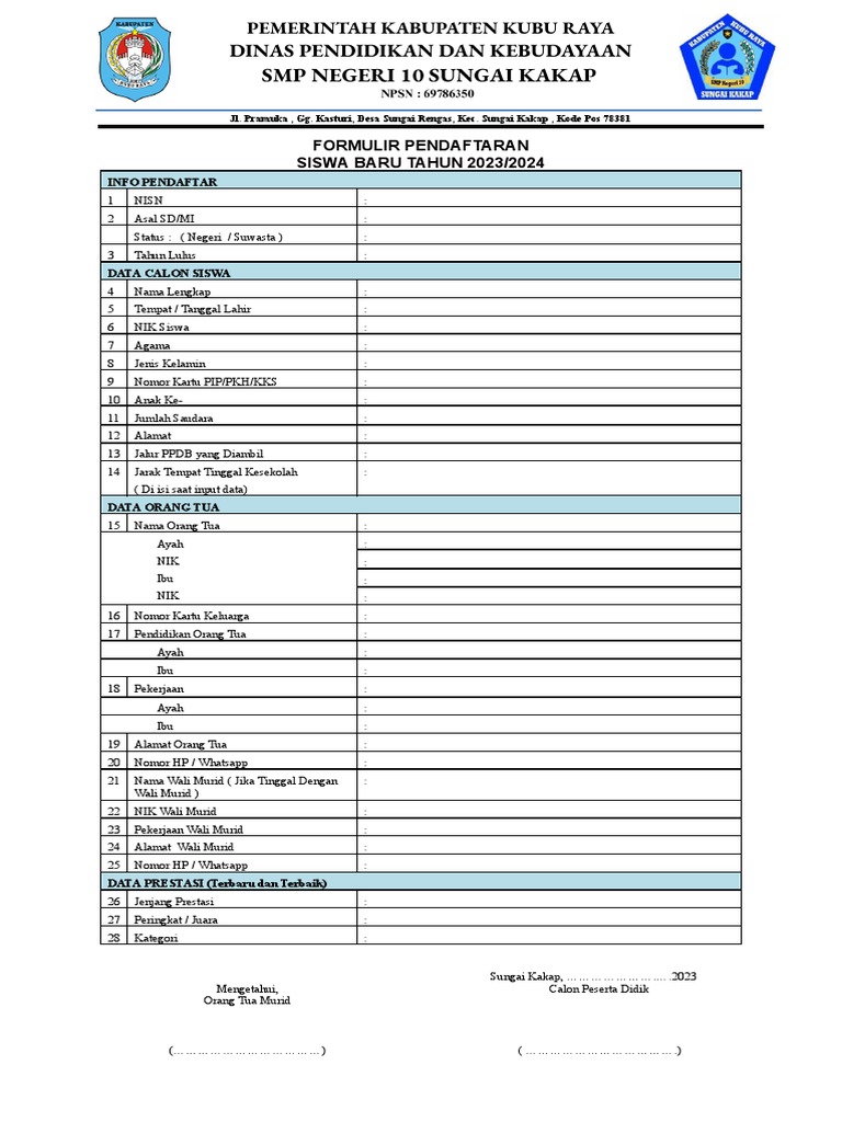 Formulir PPDB SMP 10 Kakap 2023-24 | PDF