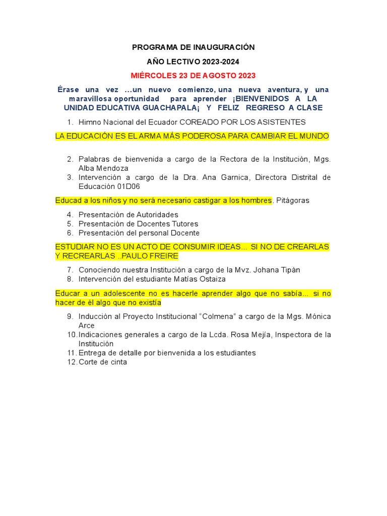 Programa de Inauguración Año Escolar 2023-2024 | PDF