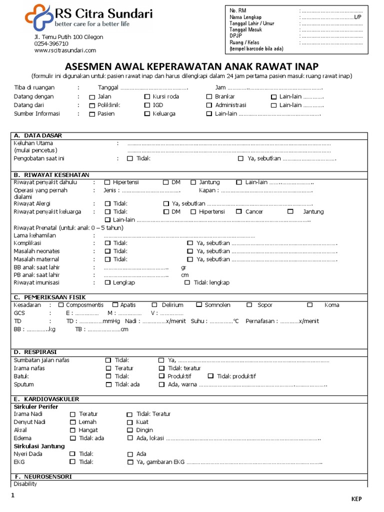 Assesmen Keperawatan Awal ANAK Rawat Inap | PDF
