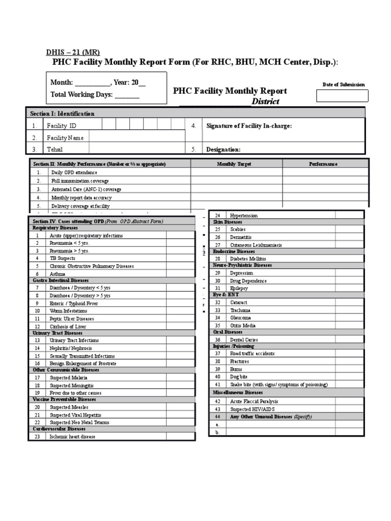 DHIS Monthly Reporting Form PHC Facilities | PDF | Medical Specialties ...