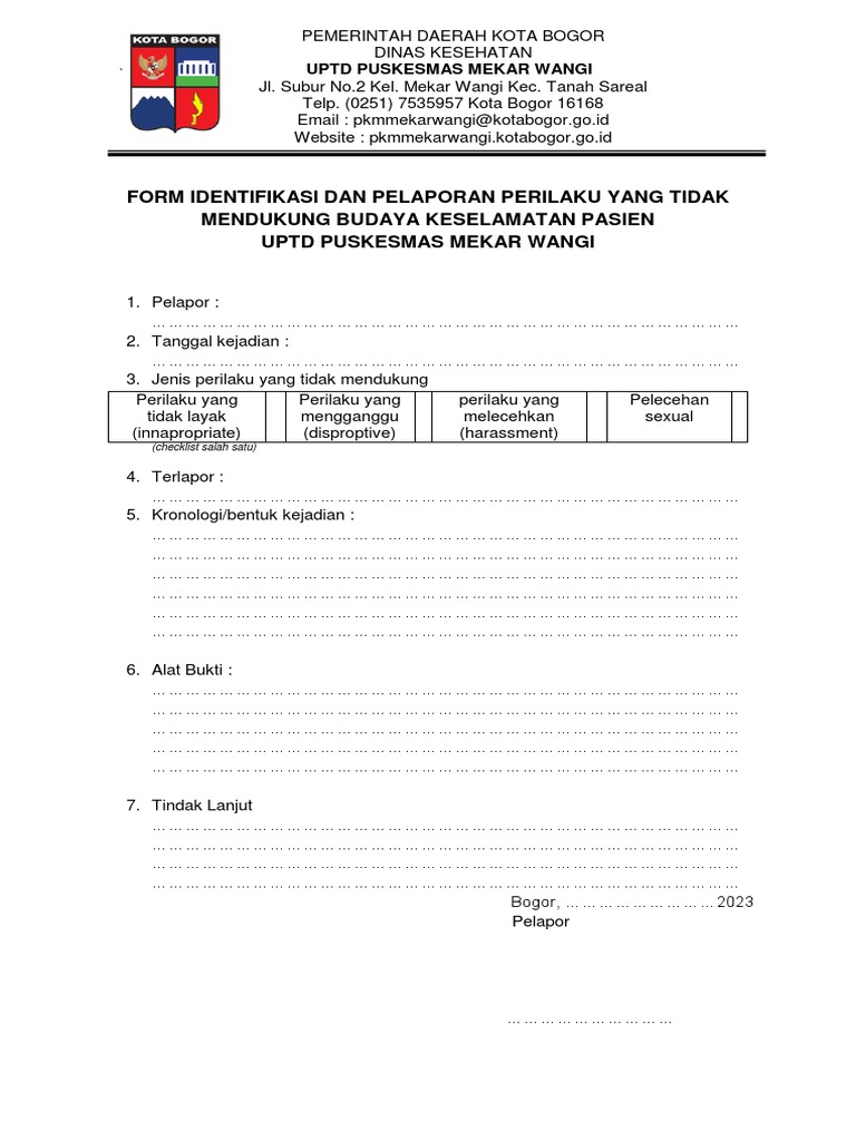 5.4.2.1 Form Identifikasi Dan Pelaporan Perilaku Yang Tidak Mendukung ...