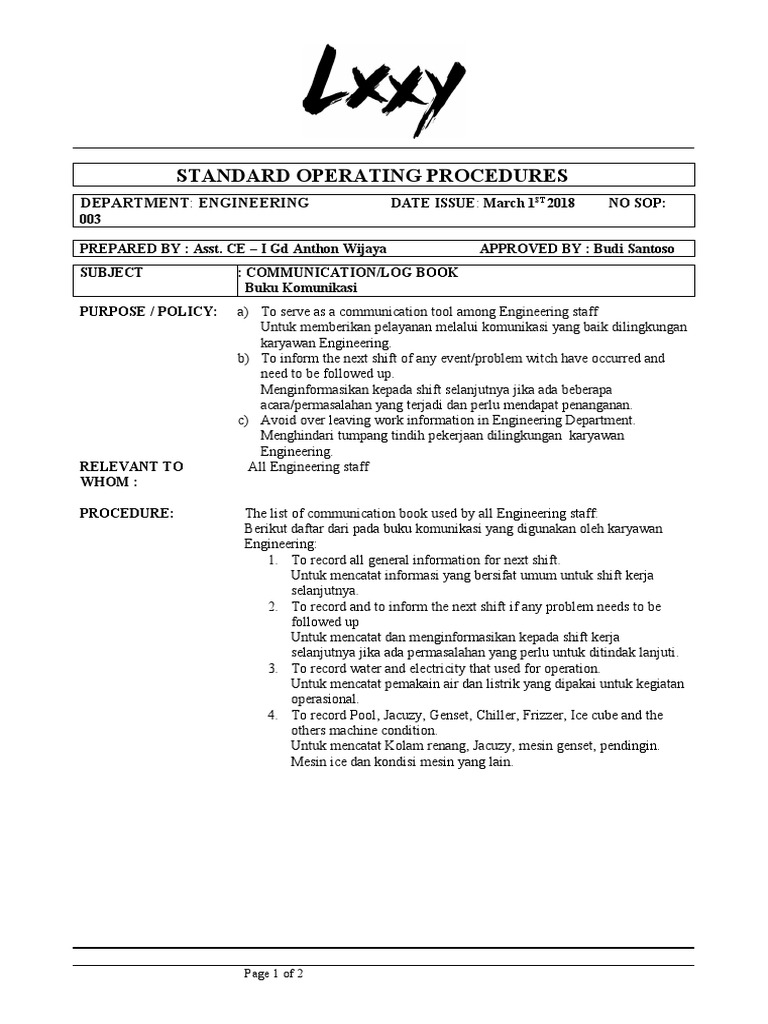 Eng-004 SOP Communication Log Book | PDF