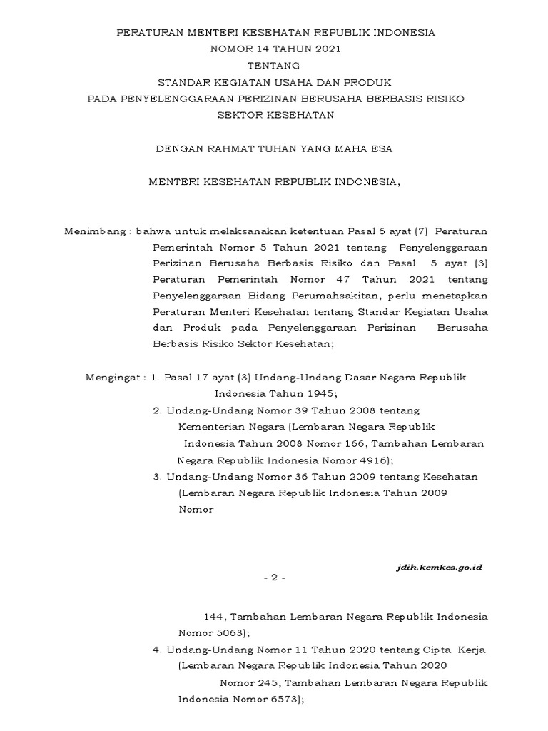 PMK Nomor 14 Tahun 2021 Standar Kegiatan Usaha Dan Produk PD ...