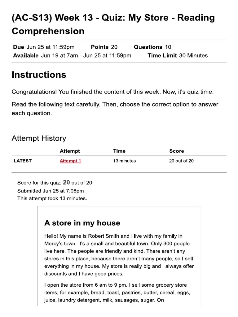 (AC-S13) Week 13 - Quiz - My Store - Reading Comprehension - INGLES II ...