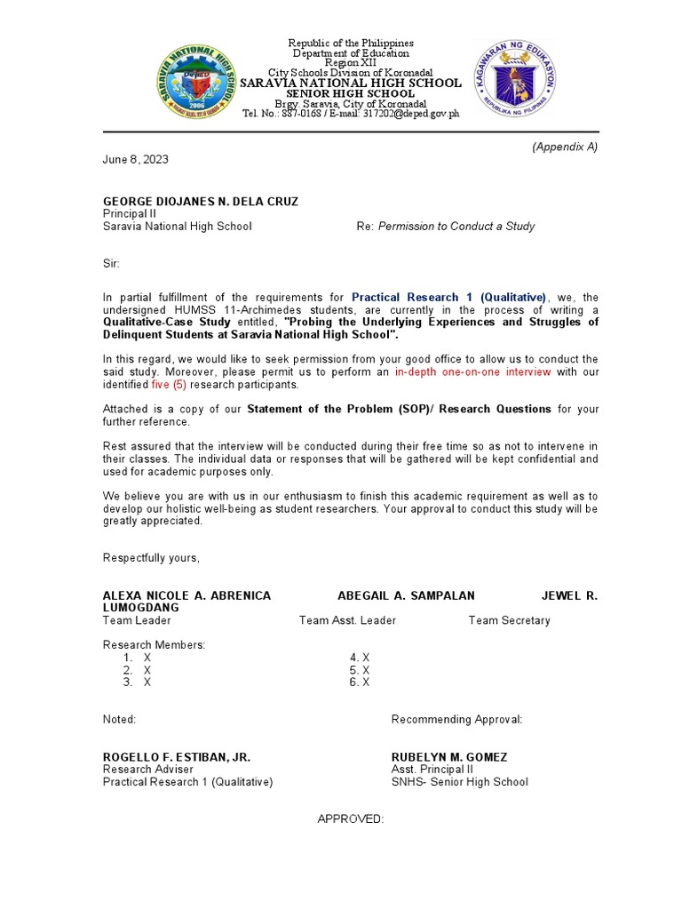 Permission Letter To Conduct A Study - To The School Principal - June 8 ...