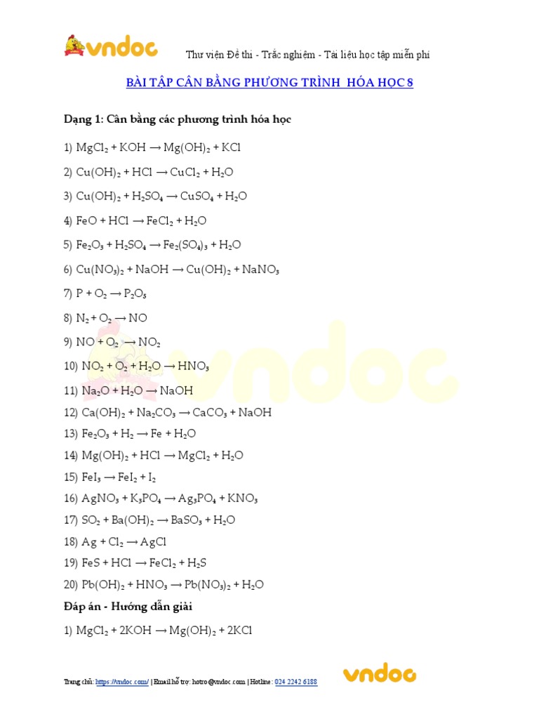 Bai Tap Can Bang Phuong Trinh Hoa Hoc 8 Dap An | PDF