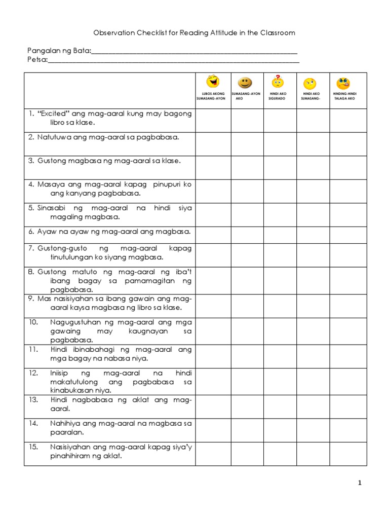 Observation Checklist For Reading Attitude in The Classroom | PDF
