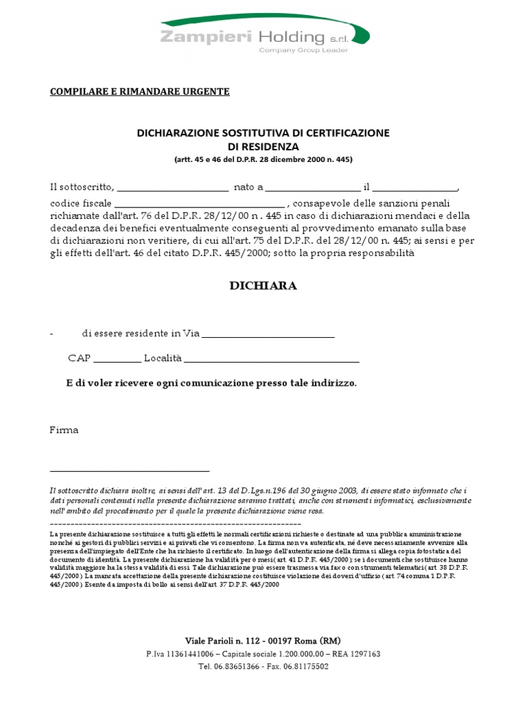 ZH Autocertificazione Residenza | PDF ZH Autocertificazione Residenza | PDF