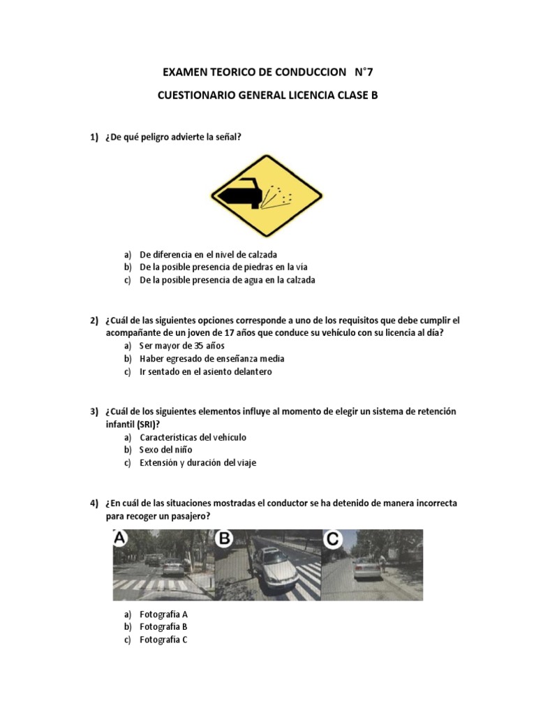 Cuestionario Examen Teórico Clase B | PDF | Neumático | Peatonal