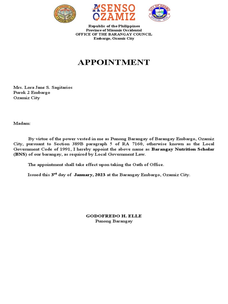 Barangay Appointment Letters Sample | PDF | Government