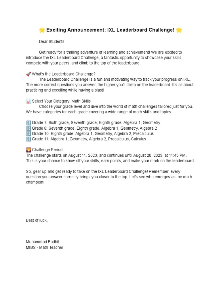 ? Exciting Announcement - IXL Leaderboard Challenge | PDF