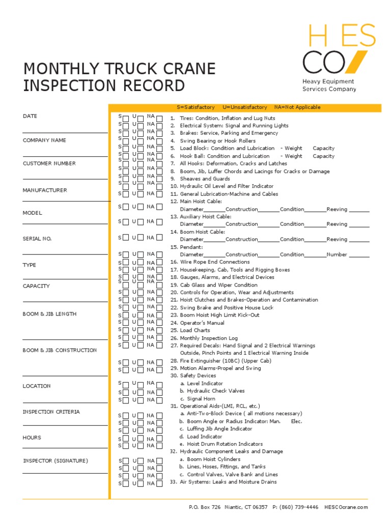 Hesco Crane Inspection Checklist Monthly Truck Crane Inspection Report ...