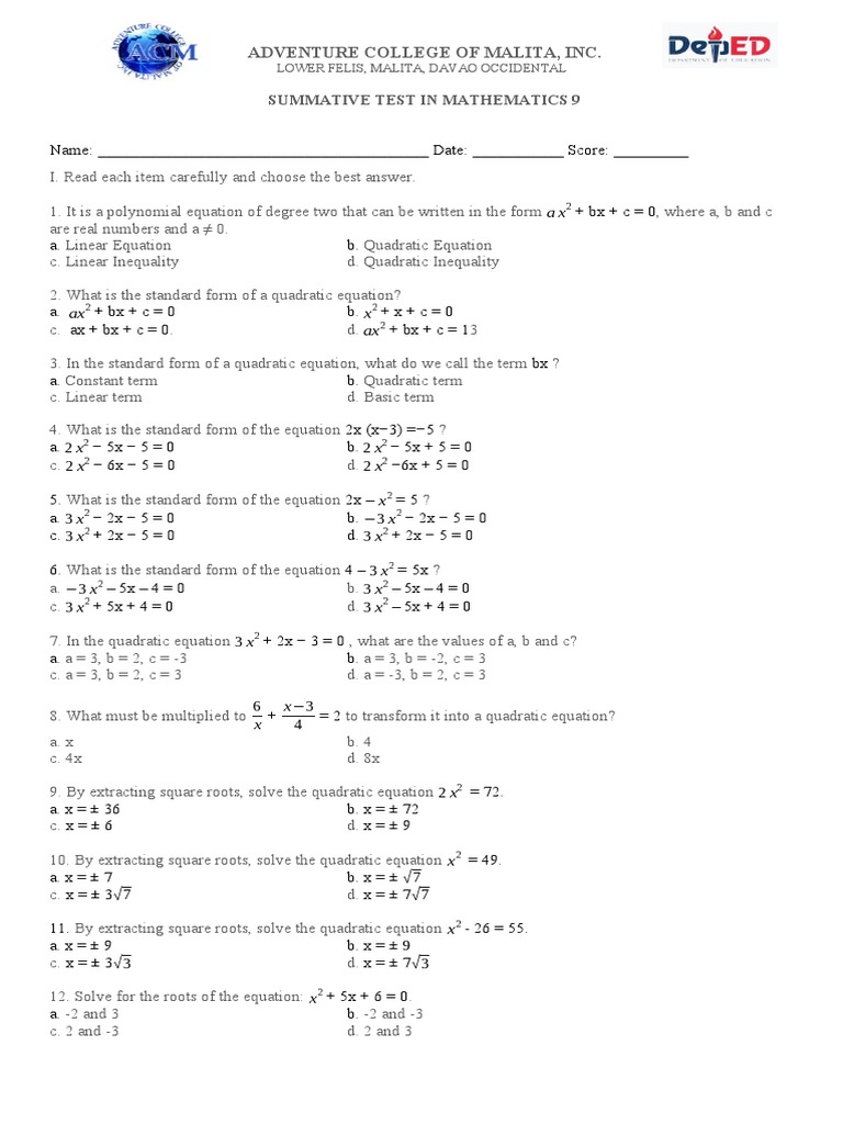 Summative Test in Mathematics 9 | PDF