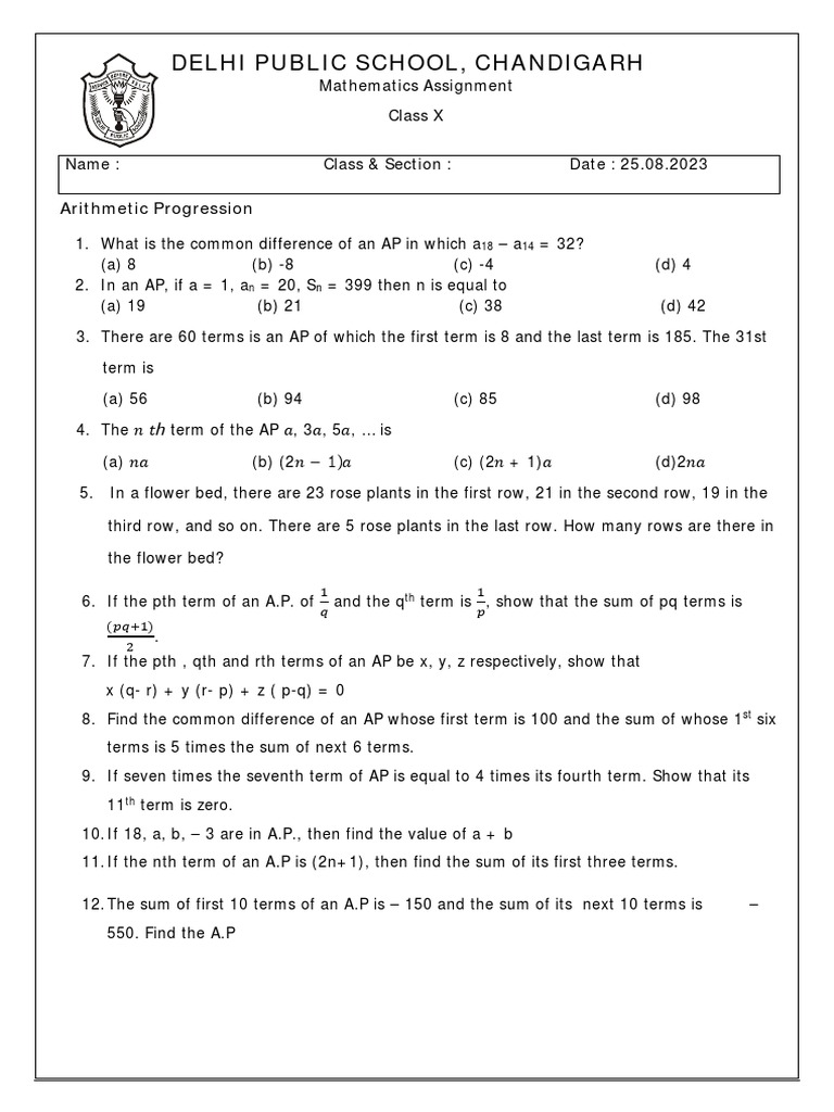 Class X Mathematics Assignment: AP & Trigonometry | PDF