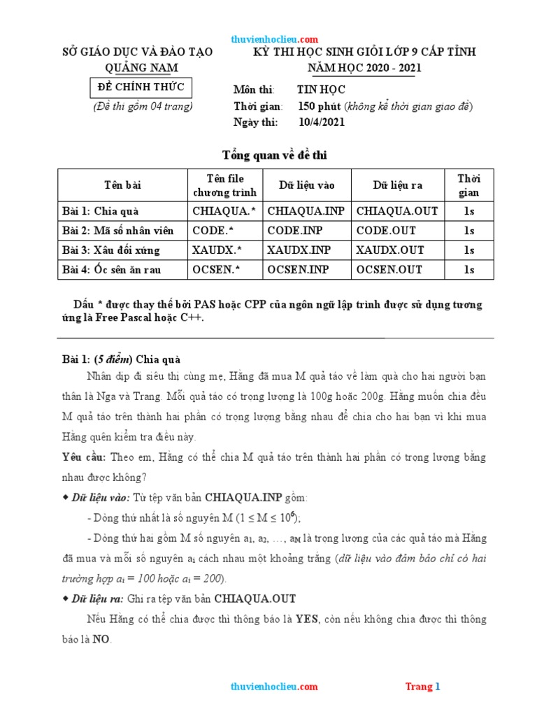 De Thi HSG Tin Hoc 9 Tinh Quang Nam 2020 2021 | PDF