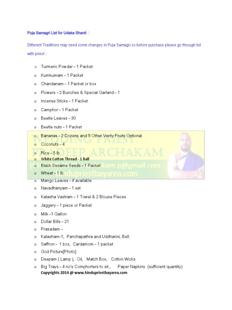Puja Samagri List For Udaka Shanti | PDF