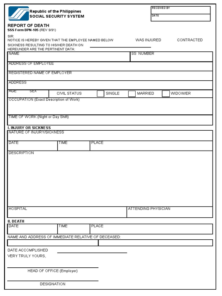 SSS Report of Death Form BPN-105 | PDF