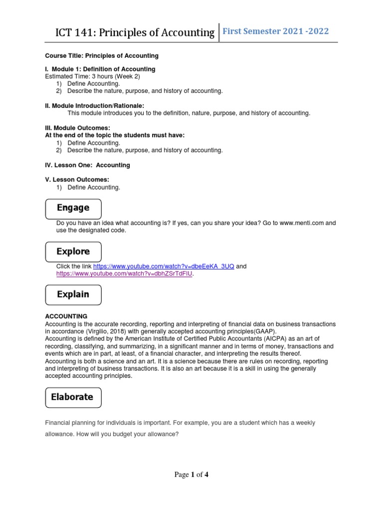 Module 1 ICT 141 Module 1: Definition of Accounting | PDF | Accounting ...