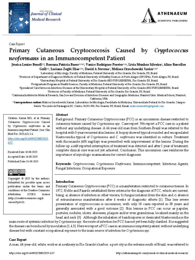 Primary Cutaneous Cryptococcosis Caused by Cryptococcus Neoformans in n ...