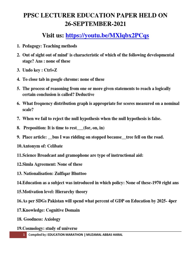 PPSC Lecturer Education Exam 2021 | PDF | Hypothesis | Science